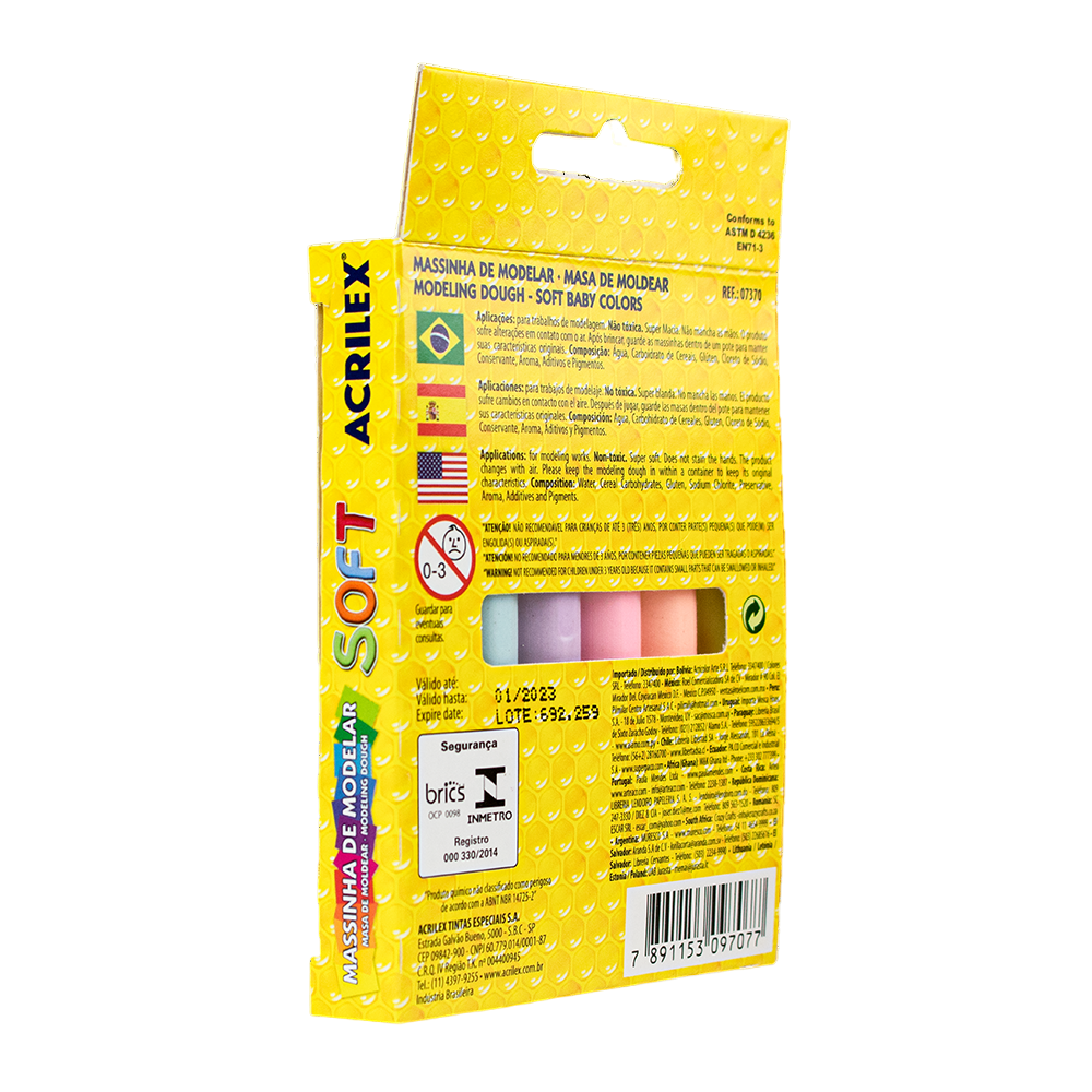MASSA DE MODELAR SOFT BABY COLORS 90g 6 CORES BASE DE AMIDO ACRILEX